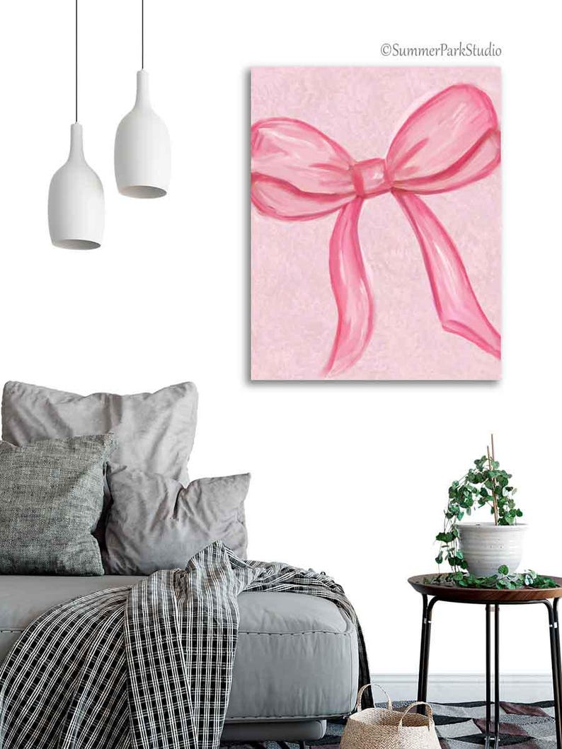 Pink Bow Art Coquette Bow Pink Bow Art Apartment Wall Art Pink Print ...