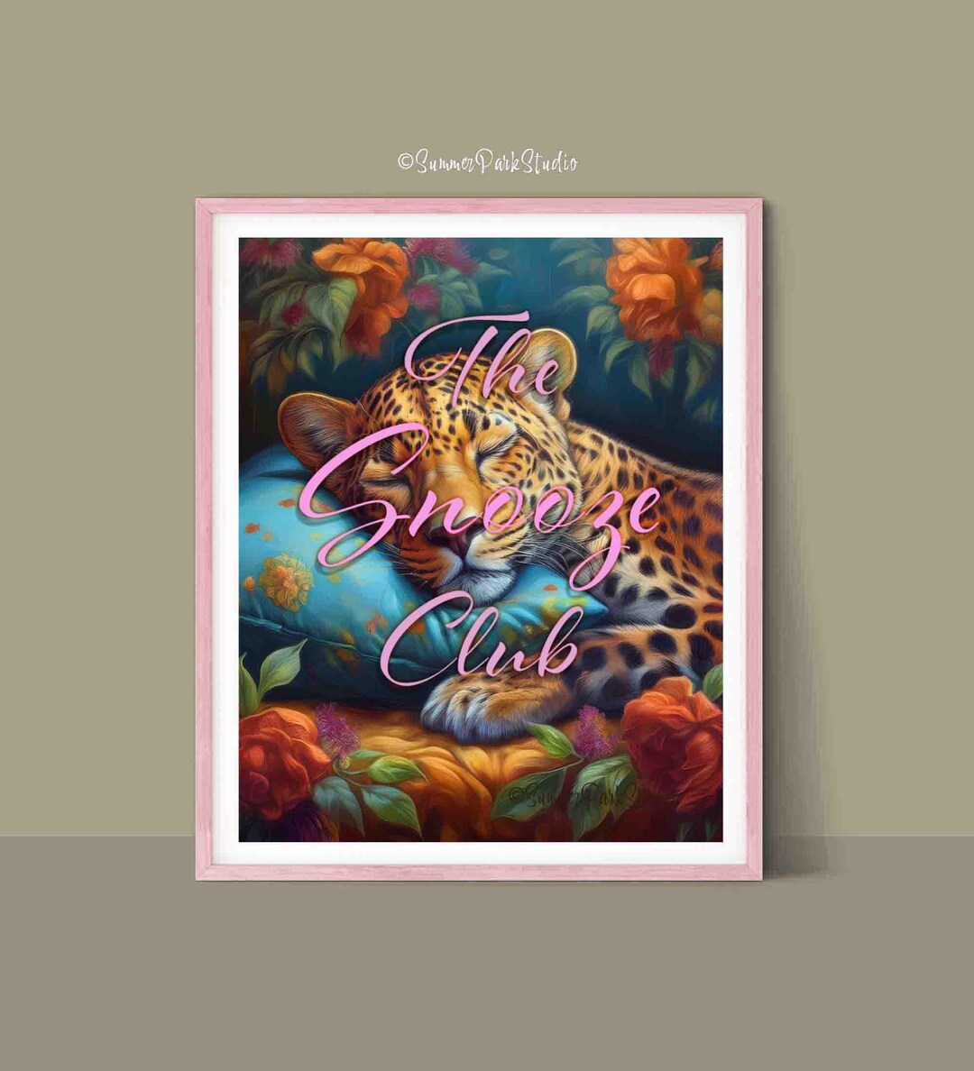 Snooze Print Wall Art Cheetah Sleeping on Pillow With Pink Text Snooze ...