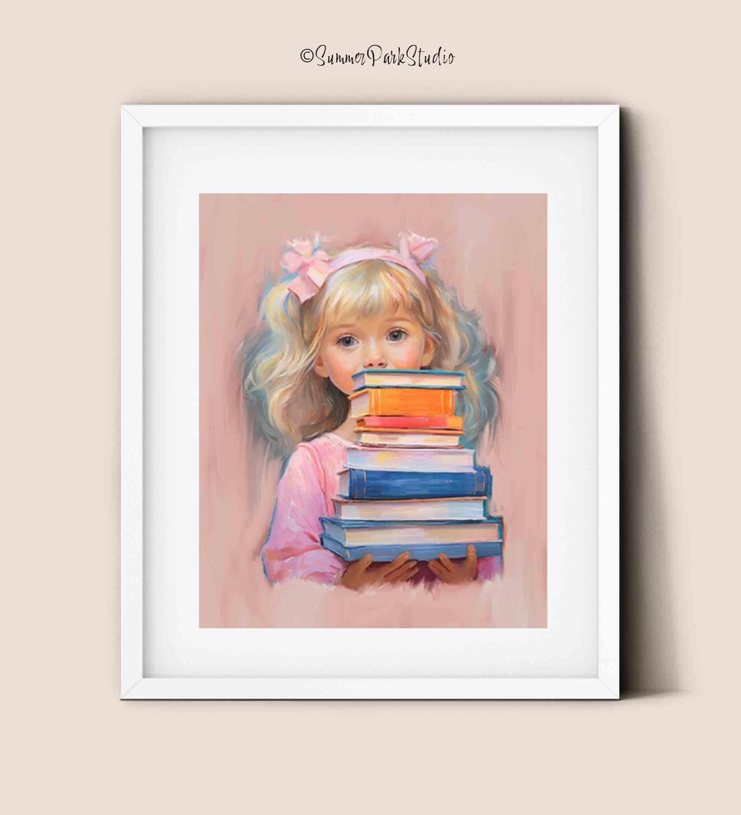 Blonde Little Girl Reading Books Printable Wall Art Pink Girly Room ...