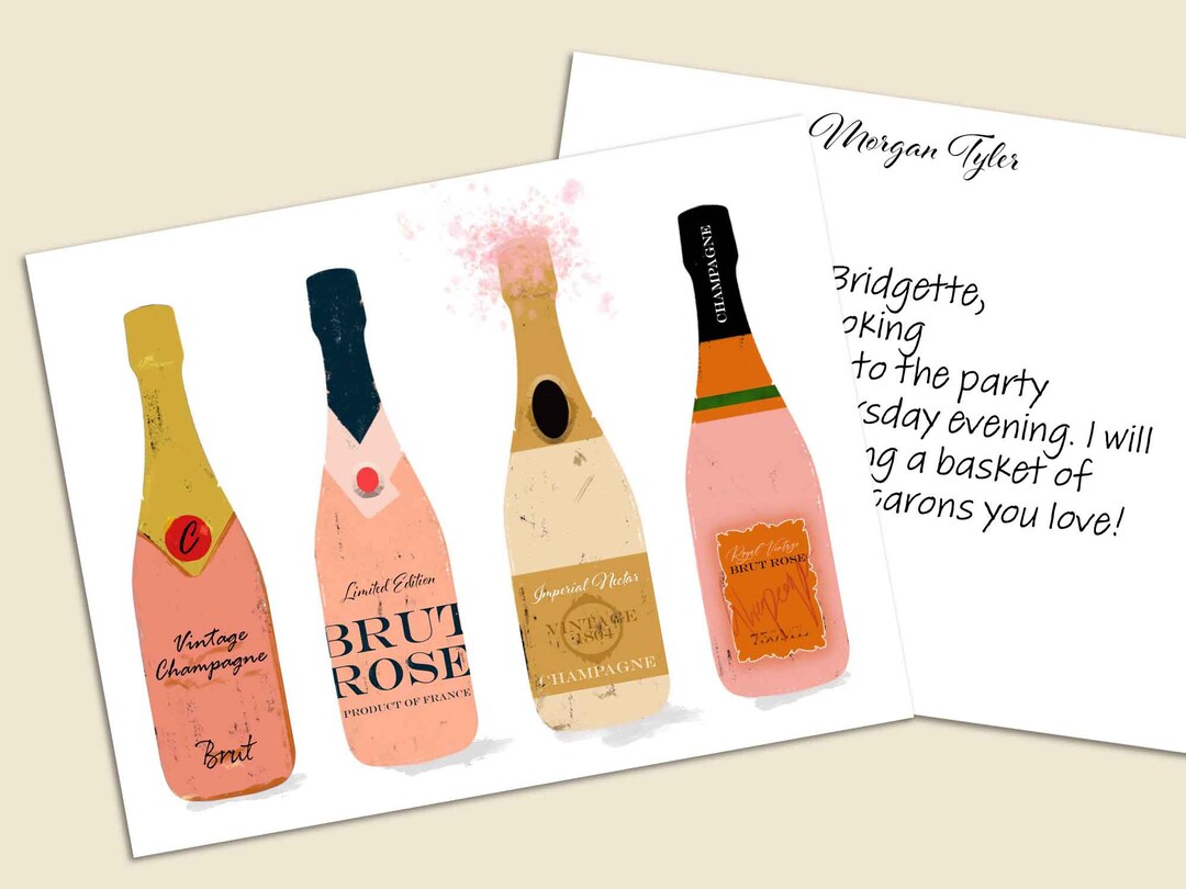 Champagne Custom Note Cards | Pink Champagne Bottles Illustration ...
