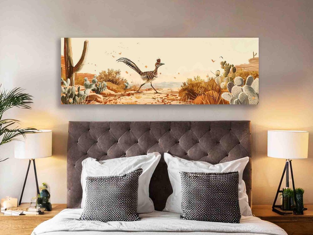 Desert Roadrunner Canvas Art: Panoramic Cactus Landscape, Ready to Hang ...