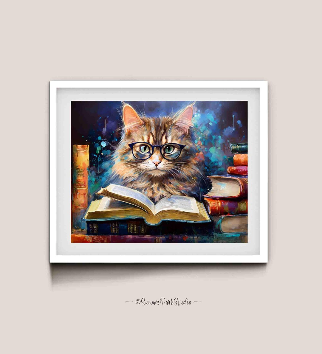 Cat With Books Art Cat Reading Print Cat in Glasses Art, Library Wall ...