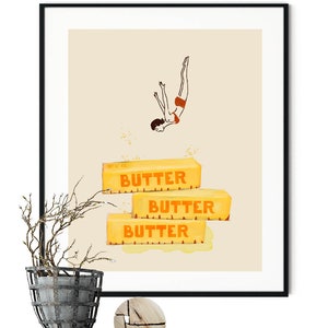 Butter Art Print Food Illustration Funny Food Kitchen Print Retro ...