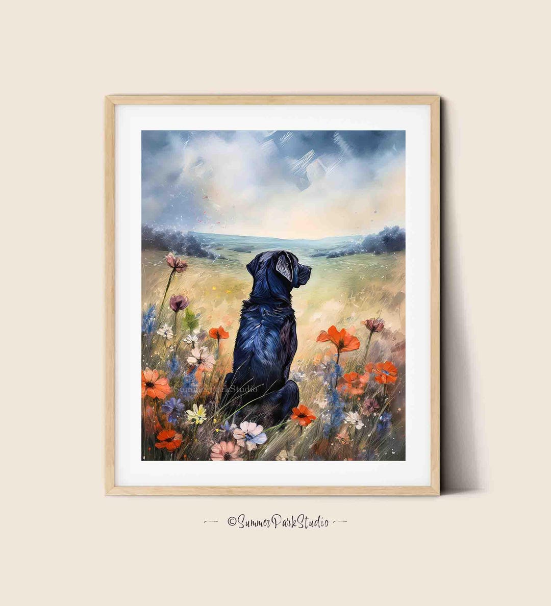 Black Lab Dog in Flower Field Black Labrador Art Wildflowers Print ...
