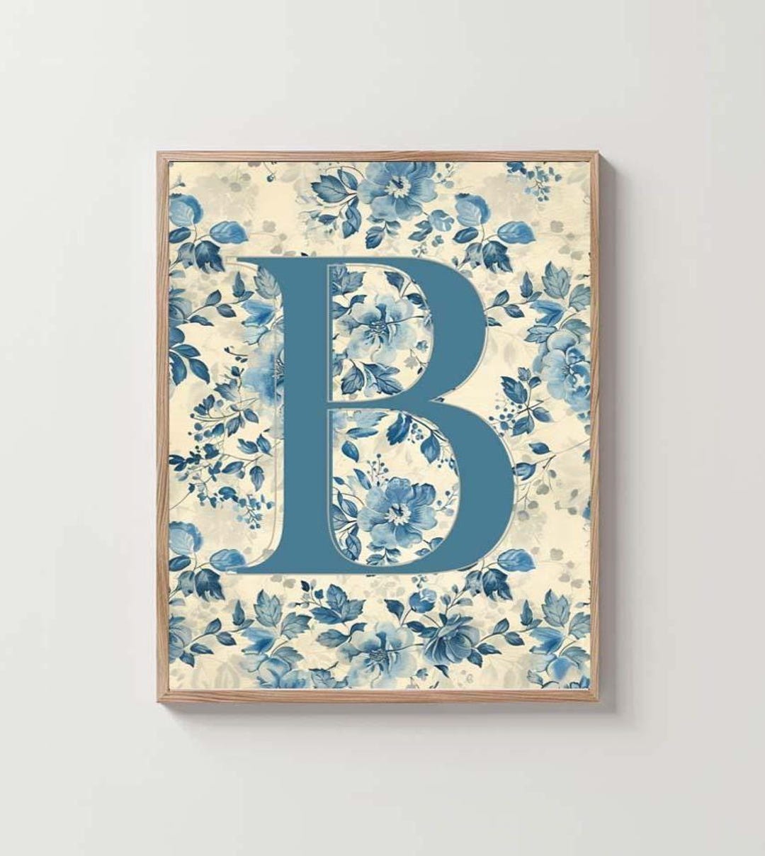 Custom Blue Chinoiserie Print - Personalized Letter Initial Floral Art ...