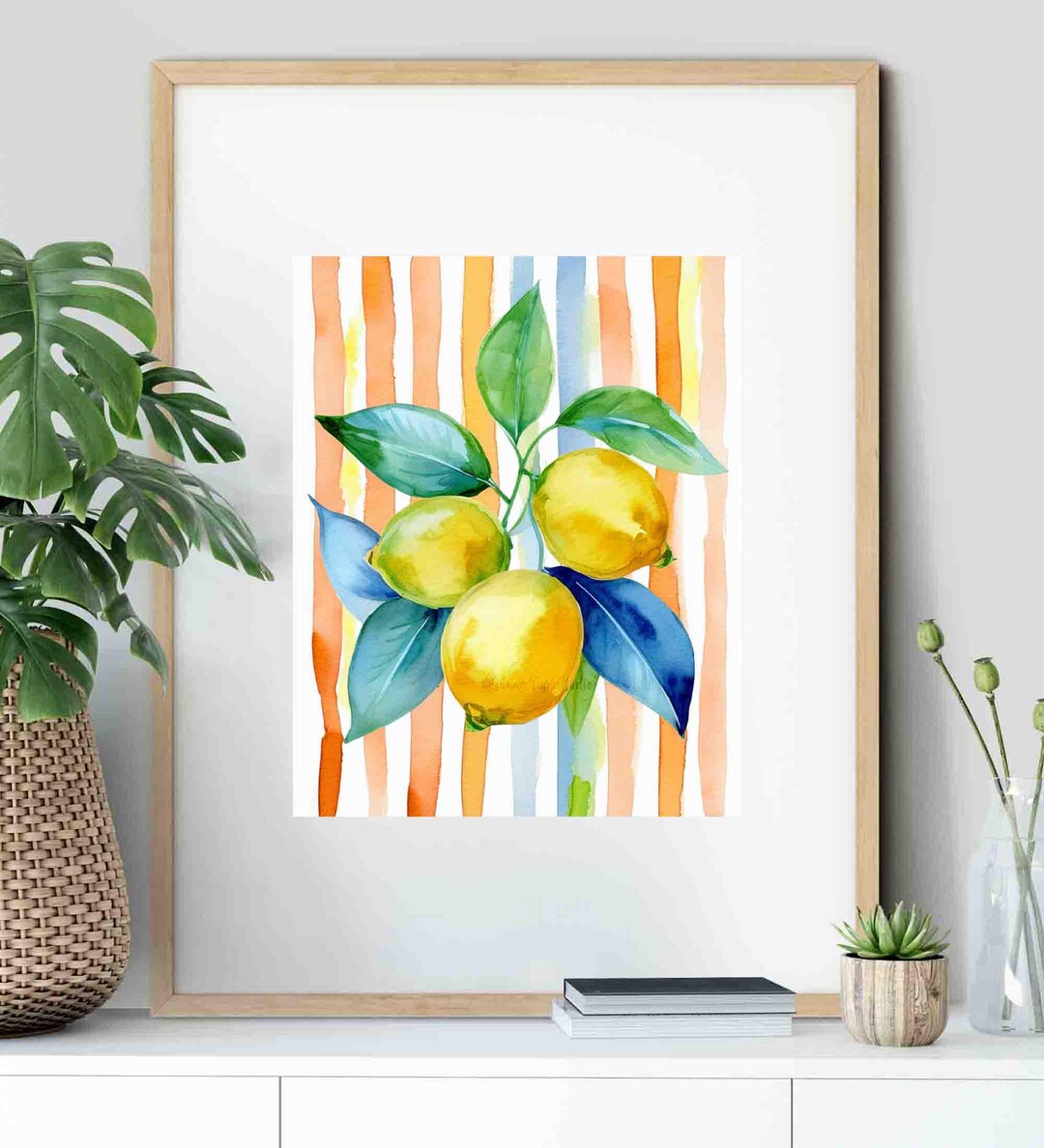 Lemon Watercolor Print - Striped Wall Décor Lemons Kitchen Art (digital ...