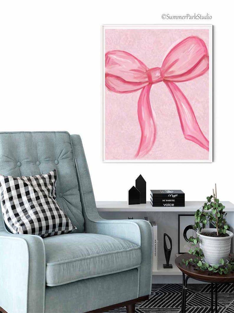 Pink Bow Art Coquette Bow Pink Bow Art Apartment Wall Art Pink Print ...