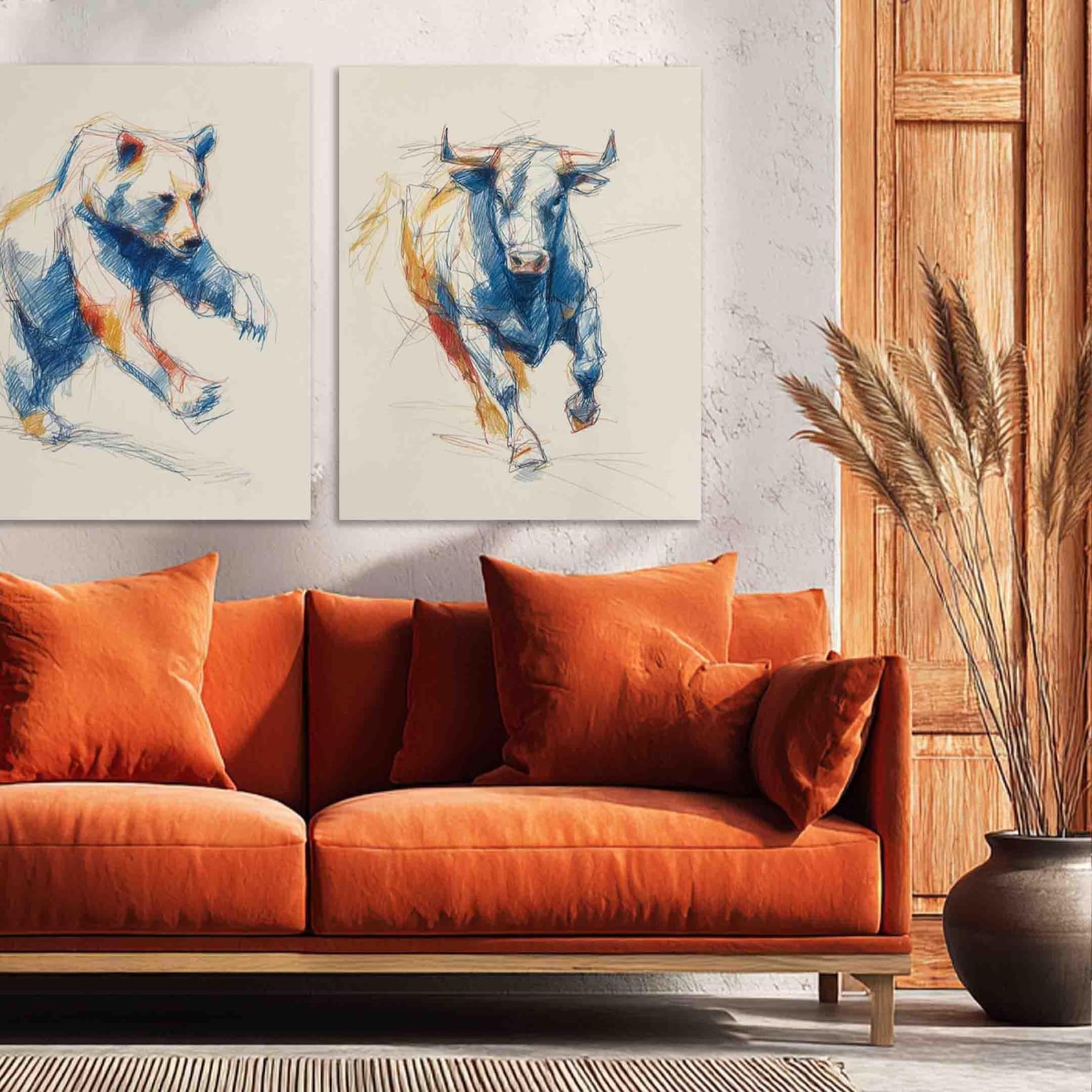 Bull and Bear Stock Market Art Print Set: Wall Street Decor - Etsy