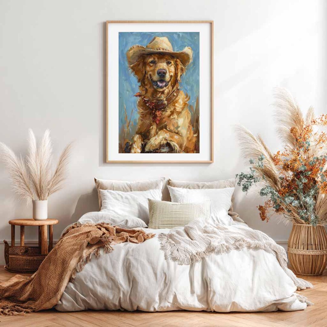 Golden Retriever Wall Art – Cowboy Dog Portrait Wild West Print (paper ...