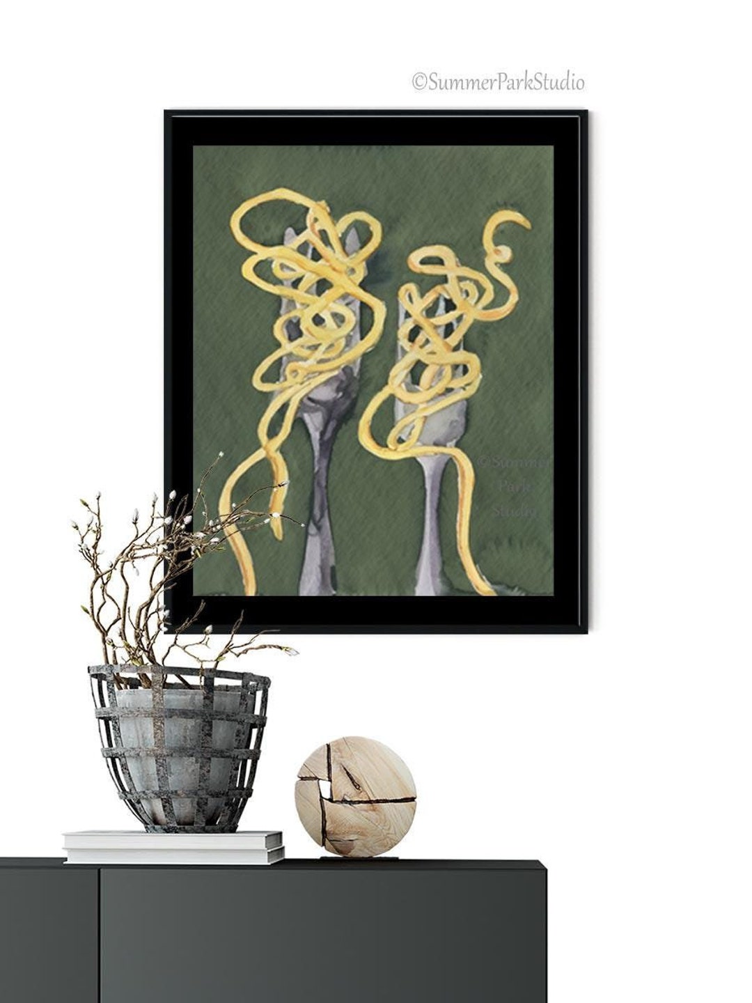 Sage Green Kitchen Art: Spaghetti Forks Watercolor Pasta Print - Etsy