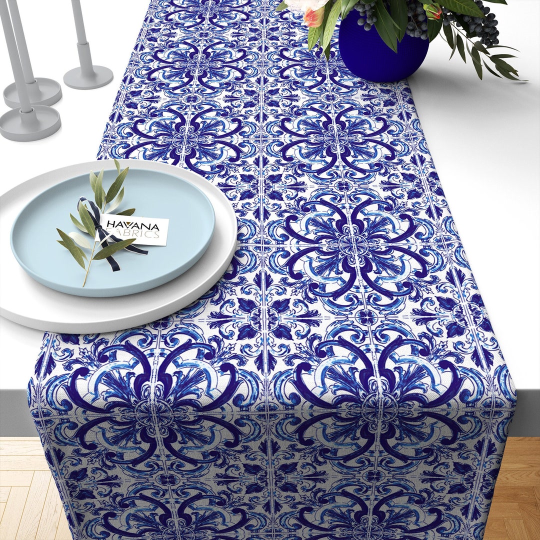 Italian Majolica Print Table Runner: Blue & White Tile Fabric - Etsy