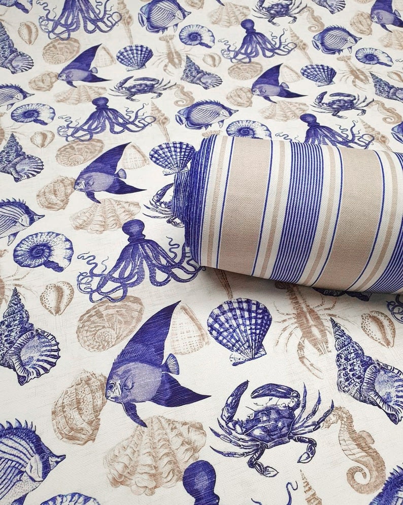 Nautical Sea Creatures Fabric Ocean Octopus Fish Shell and - Etsy