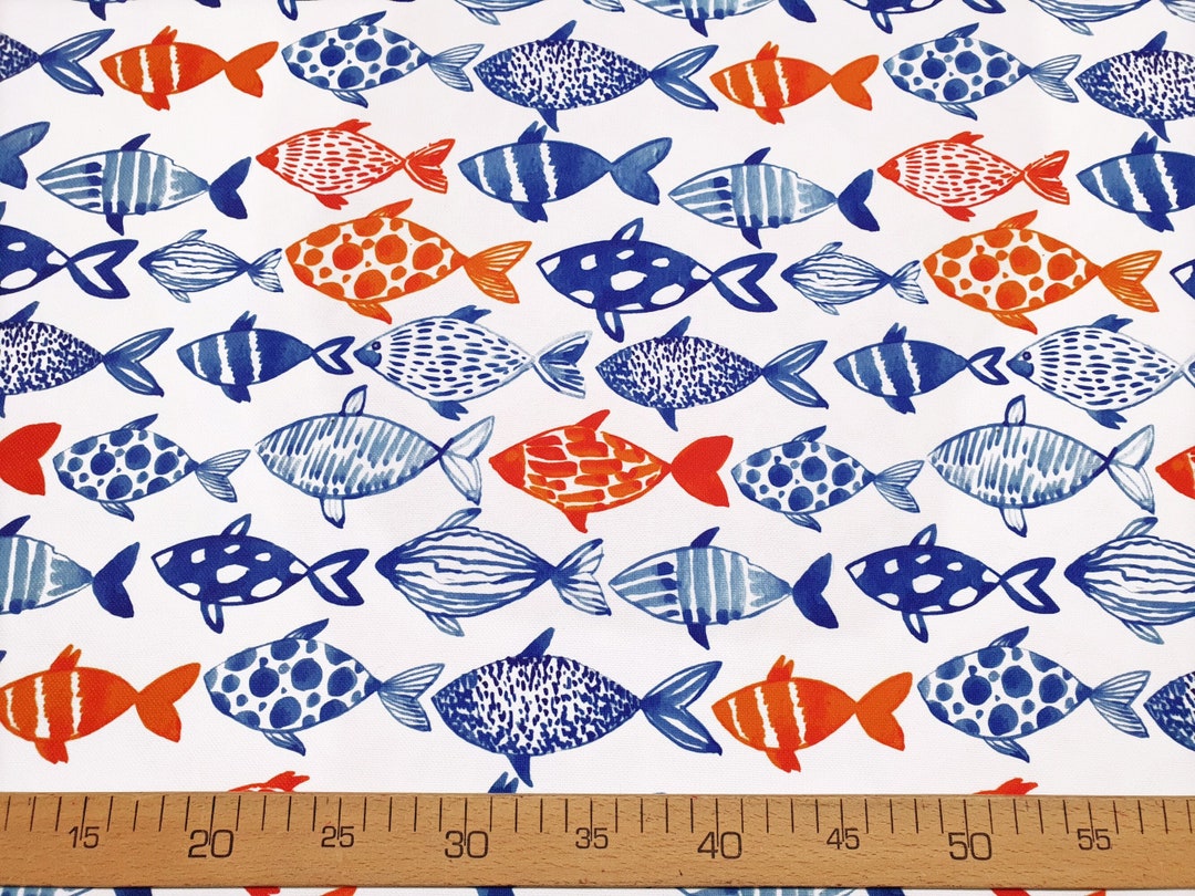 Watercolor Fish Fabric: Marine Blue & Orange Print, Upholstery Fabric ...