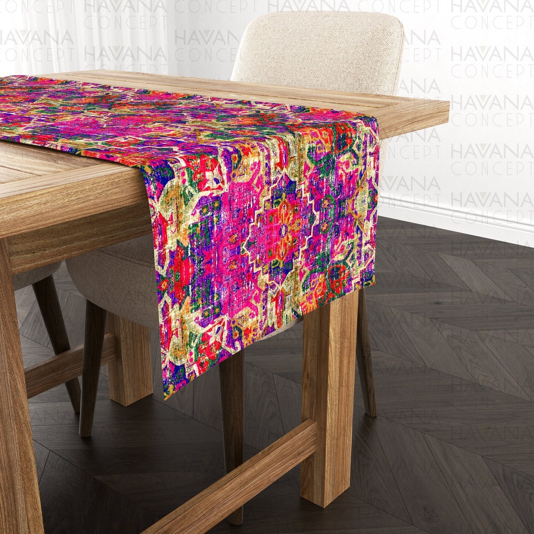 Boho Rug Kilim Print Table Runner, Tribal Abstract Mandala Print Dining ...