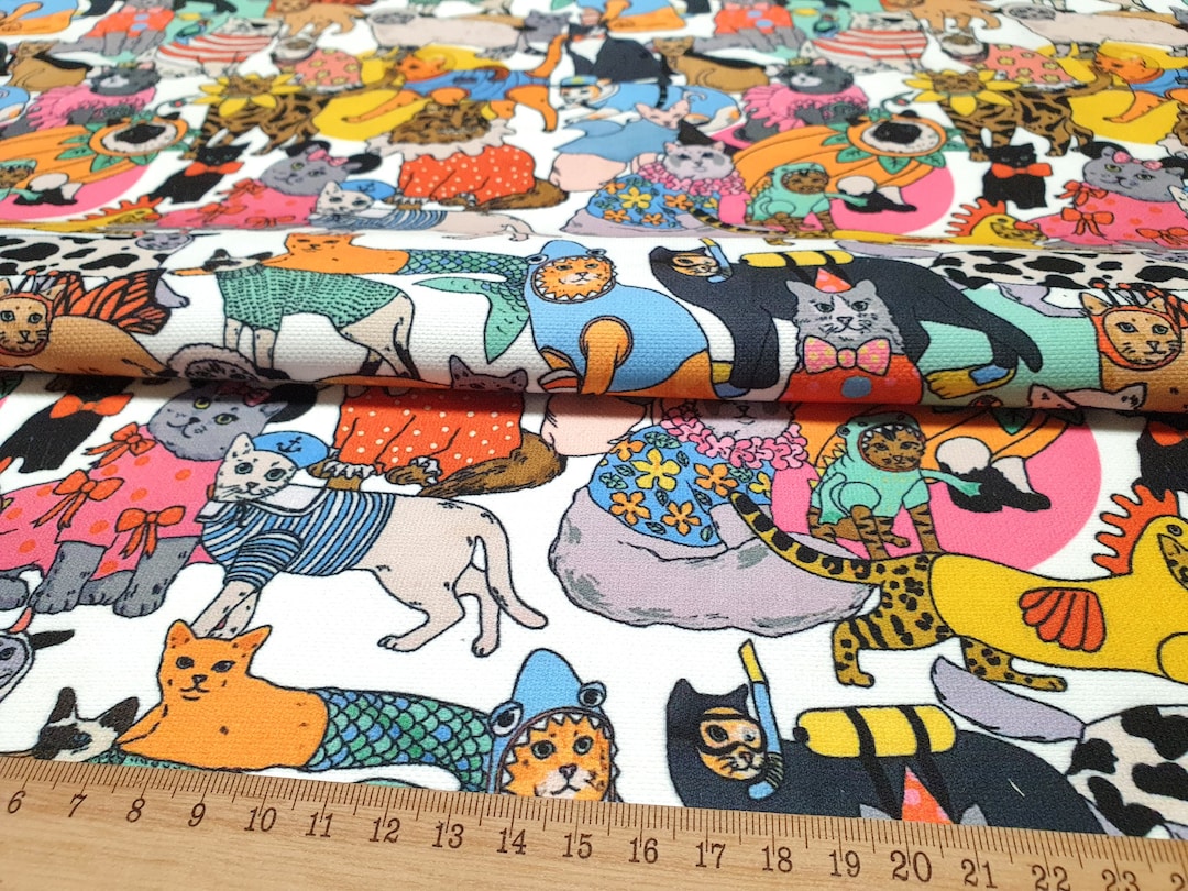 Cute Cats Fabric by the Yard - Colorful Sweet Cats With Costumes Print ...