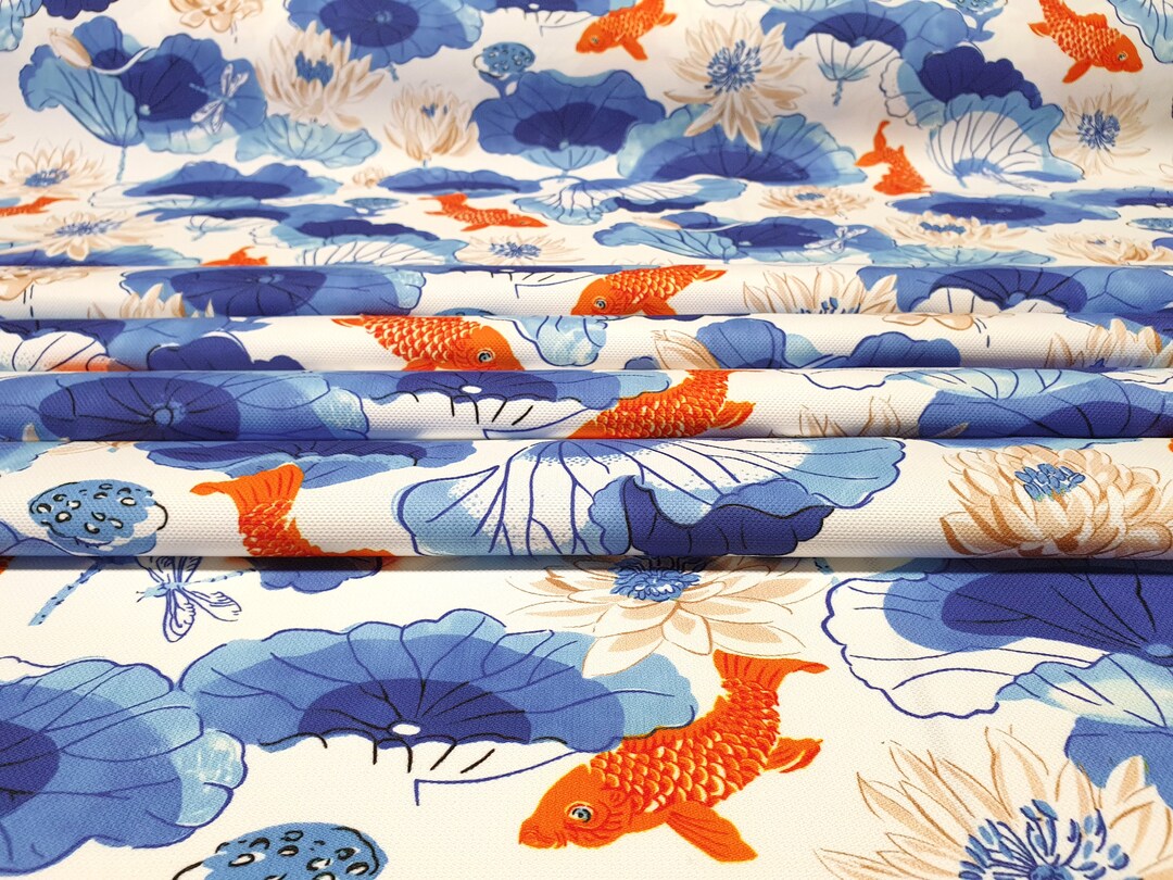 Koi Fish Fabric: Watercolor Asian Water Lilies, Drapery & Upholstery - Etsy