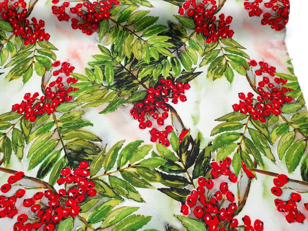 Christmas Holly Berry Fabric Watercolor Holly Leaves and Holiday ...