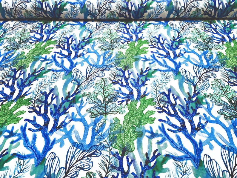 Coral Print Upholstery Fabric: Blue Green Nautical Seaweed Marine ...