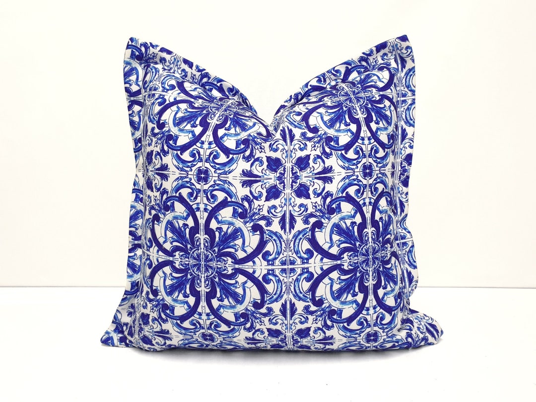 Italian Majolica Print Ruffled Pillow Cover: Sicilian Blue White Tiles ...