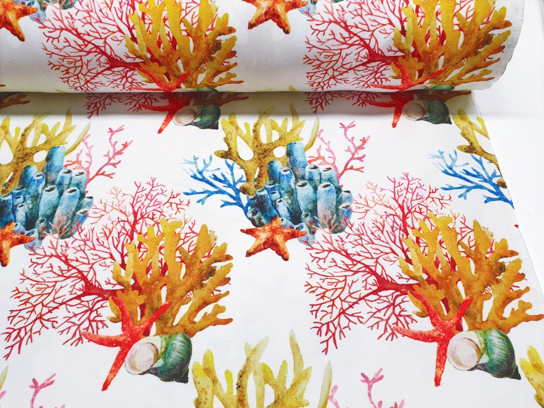 Coral Reef Fabric: Orange, Yellow, Marine Sea Plants - Upholstery ...