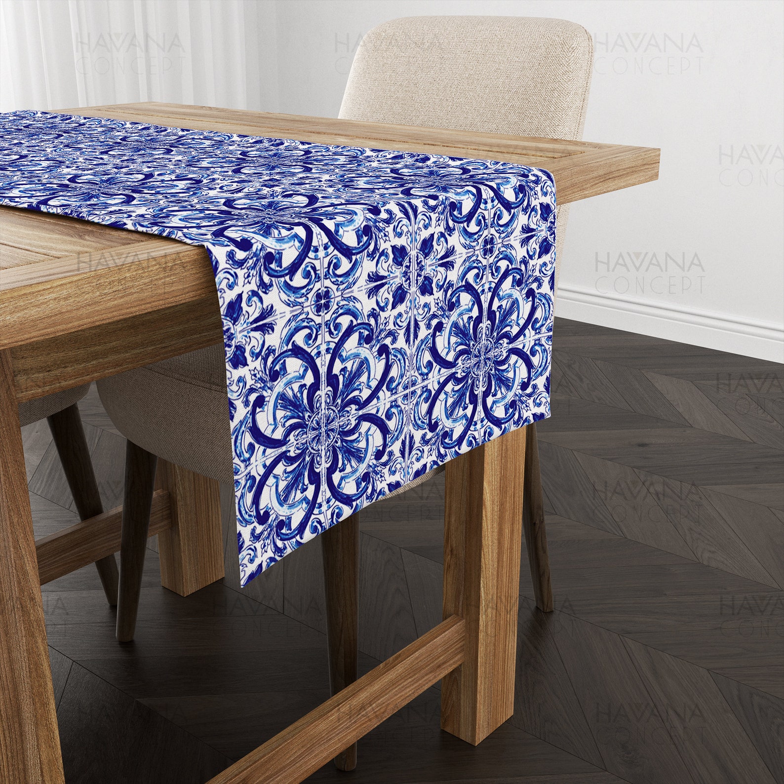Italian Majolica Print Table Runner: Blue & White Tile Fabric - Etsy