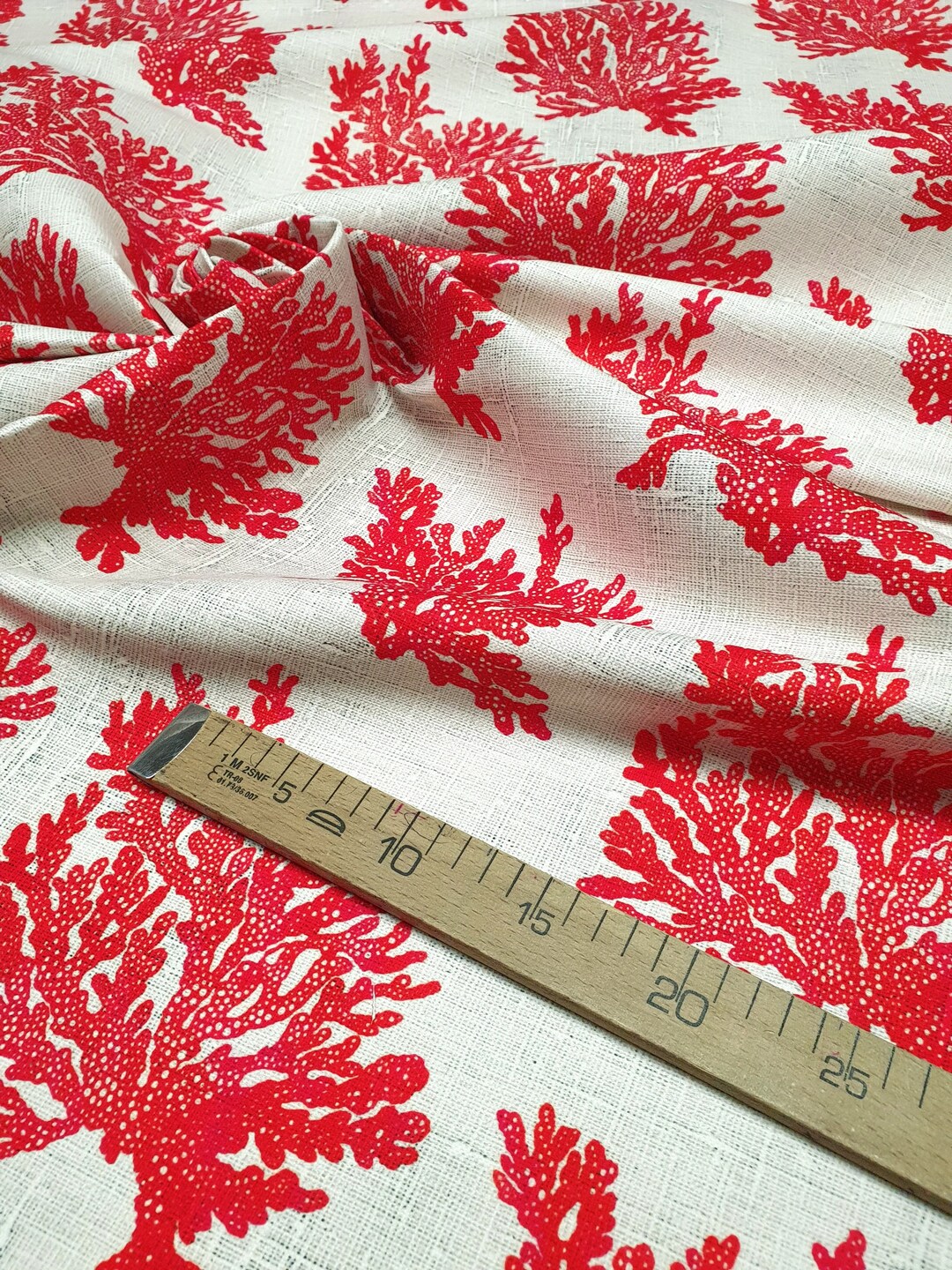 Nautical Red Coral Reef Fabric - Coastal Sea Ocean Plants on Beige ...