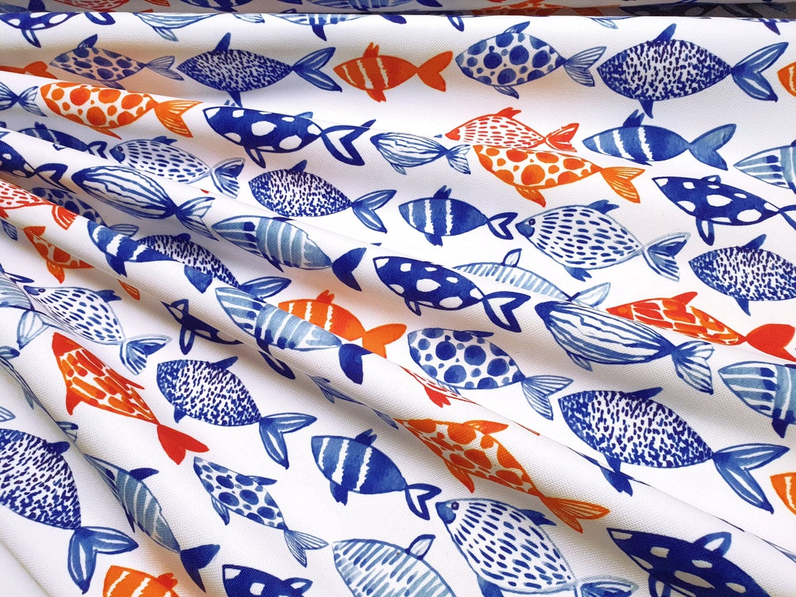 Watercolor Fish Fabric: Marine Blue & Orange Print, Upholstery Fabric ...
