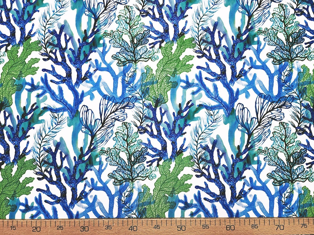 Coral Print Upholstery Fabric: Blue Green Nautical Seaweed Marine ...