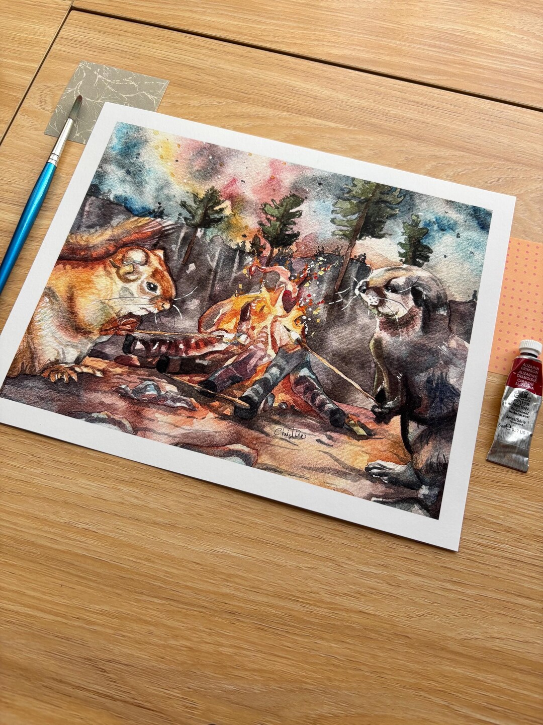 Squirrel and Otter Watercolor Print Roasting Marshmallows by Fire ...