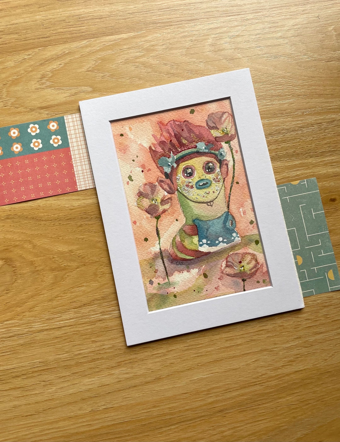 Watercolor Original Glitter Worm Artwork With Mat, Trolls Shimmer Art ...