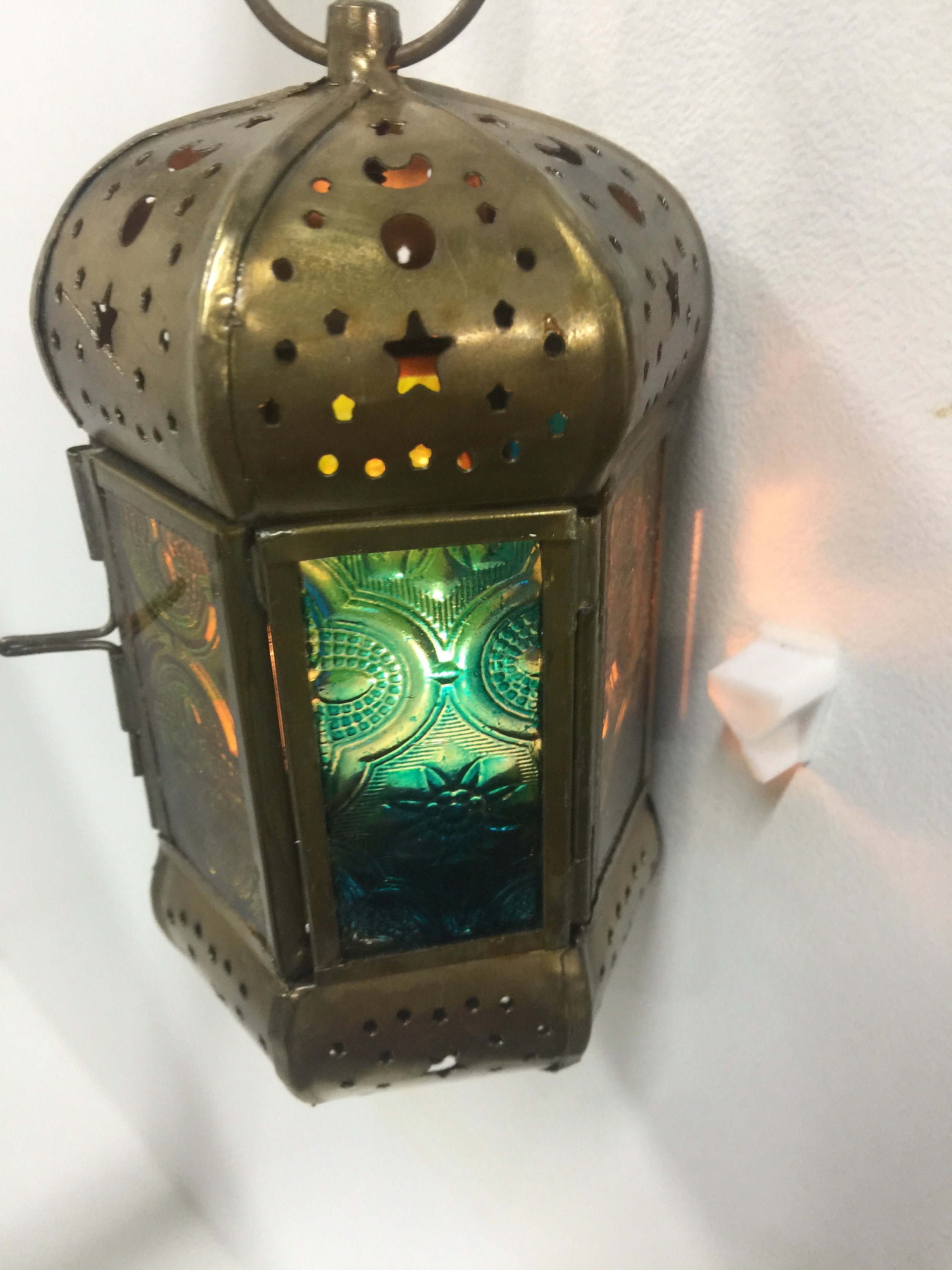 Hand Carved T-light Lantern Color Glass Brass Antique Green Modern ...