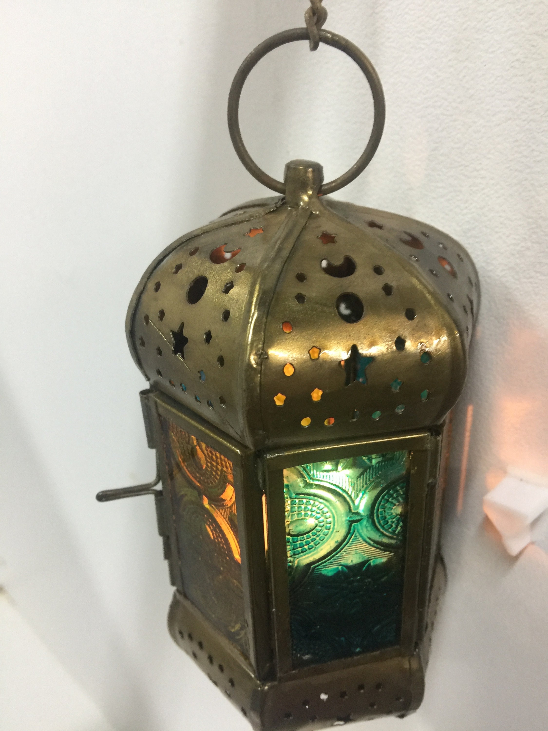 Hand Carved T-light Lantern Color Glass Brass Antique Green Modern ...