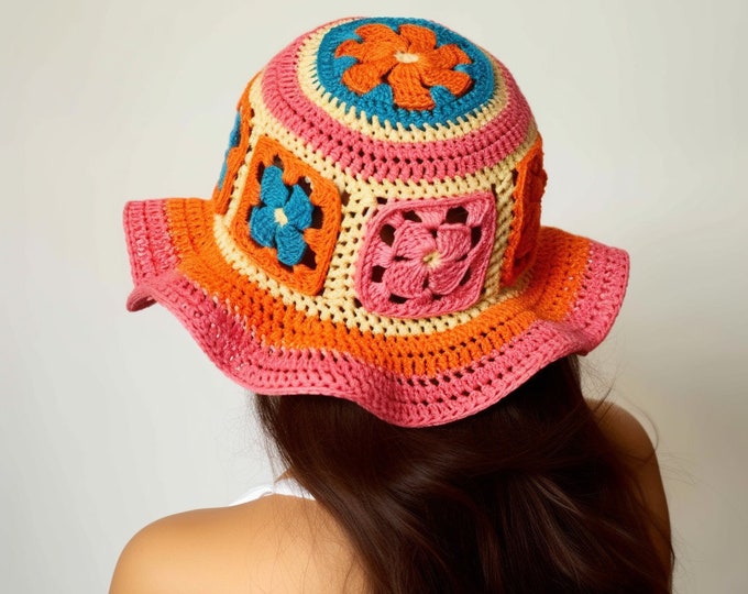 Crochet Granny Square Hat, Crochet Bucket Hat, Granny Square Bucket Hat ...