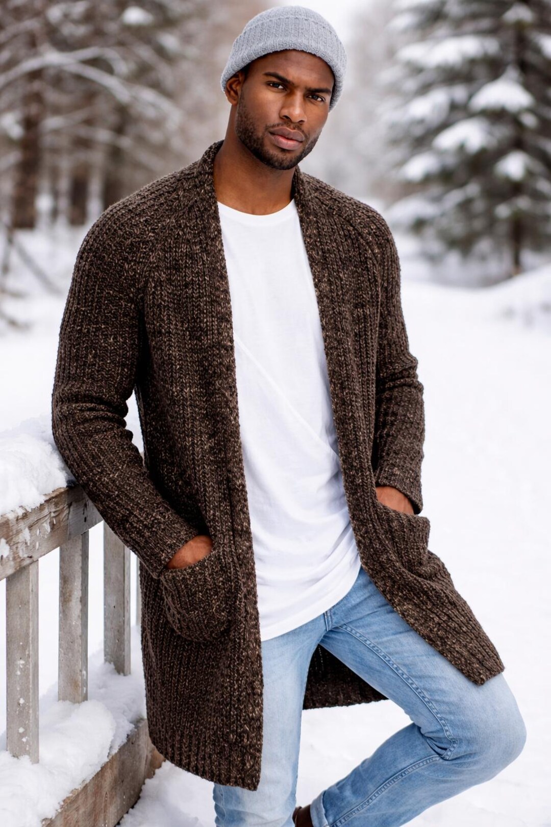 Handmade Long Knit Cardigan for Men, Winter Layering Cardigan With ...