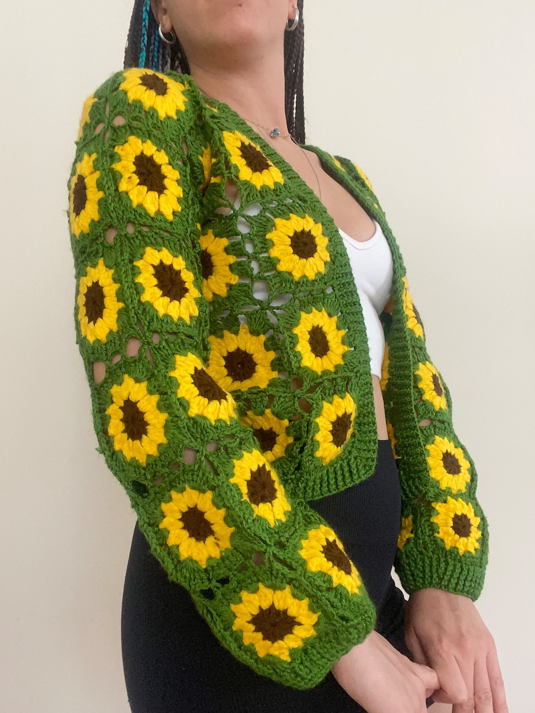 Sunflower Crochet Cardigan Granny Square Cardigan Green Sunflower ...