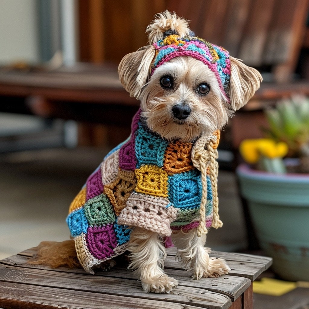 Crochet Granny Square Dog Poncho, Colorful Puppy Outfit, Custom Pet ...