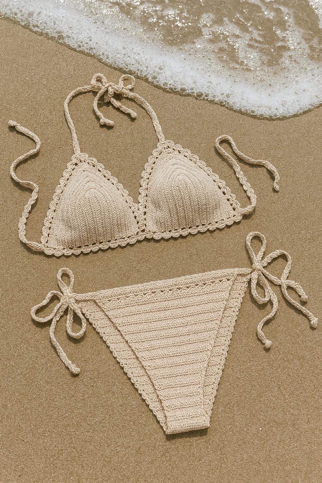 Beige Crochet Bikini Set for Women – Handmade Boho Knit Swimsuit ...