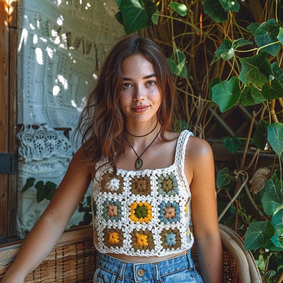 Handmade Granny Square Crop Top, Crocheted Boho Chic Tank, Women's ...