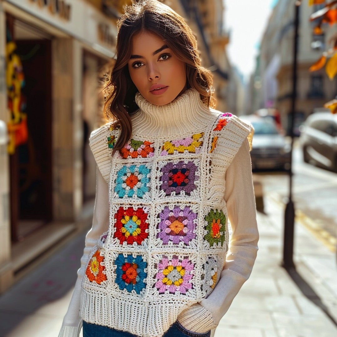 Granny Square Vest, Handmade Vest, Multicolor Crochet Vest, Women's ...