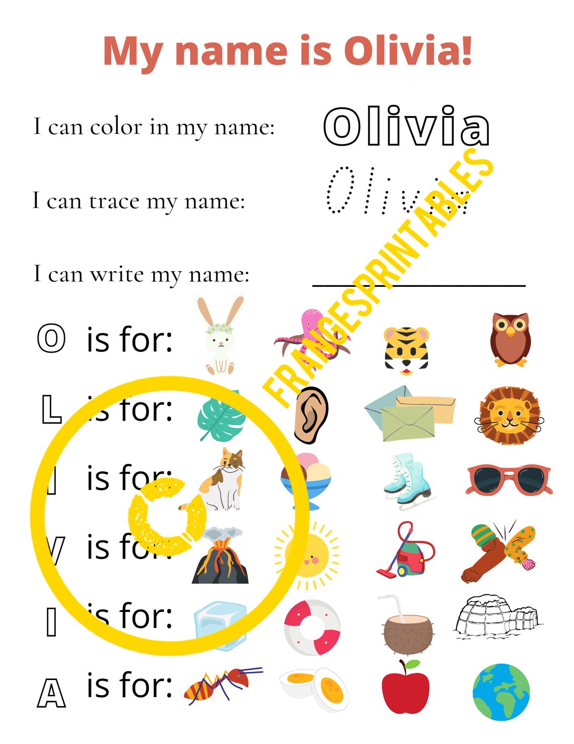 Olivia preschool name writing practice worksheet printable | Etsy