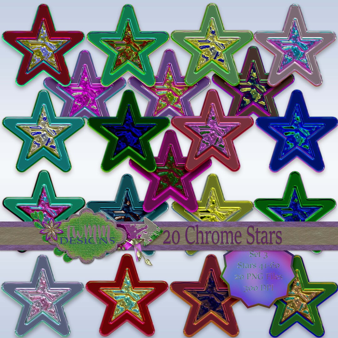 3D Chrome Stars: Colorful Metallic Foil PNG Graphics (digital Download ...