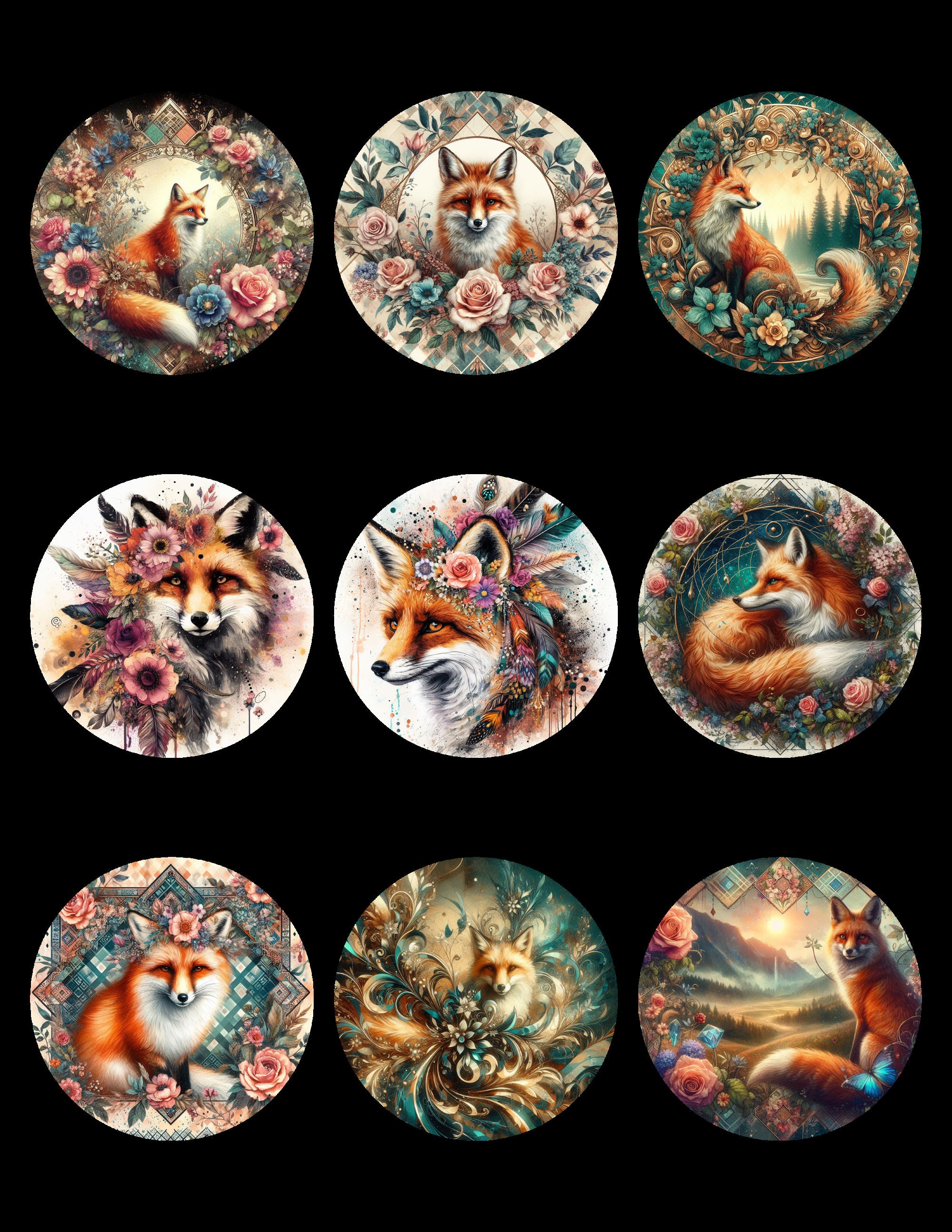 Art and Button Printable Floral Foxes Set 01 - Etsy