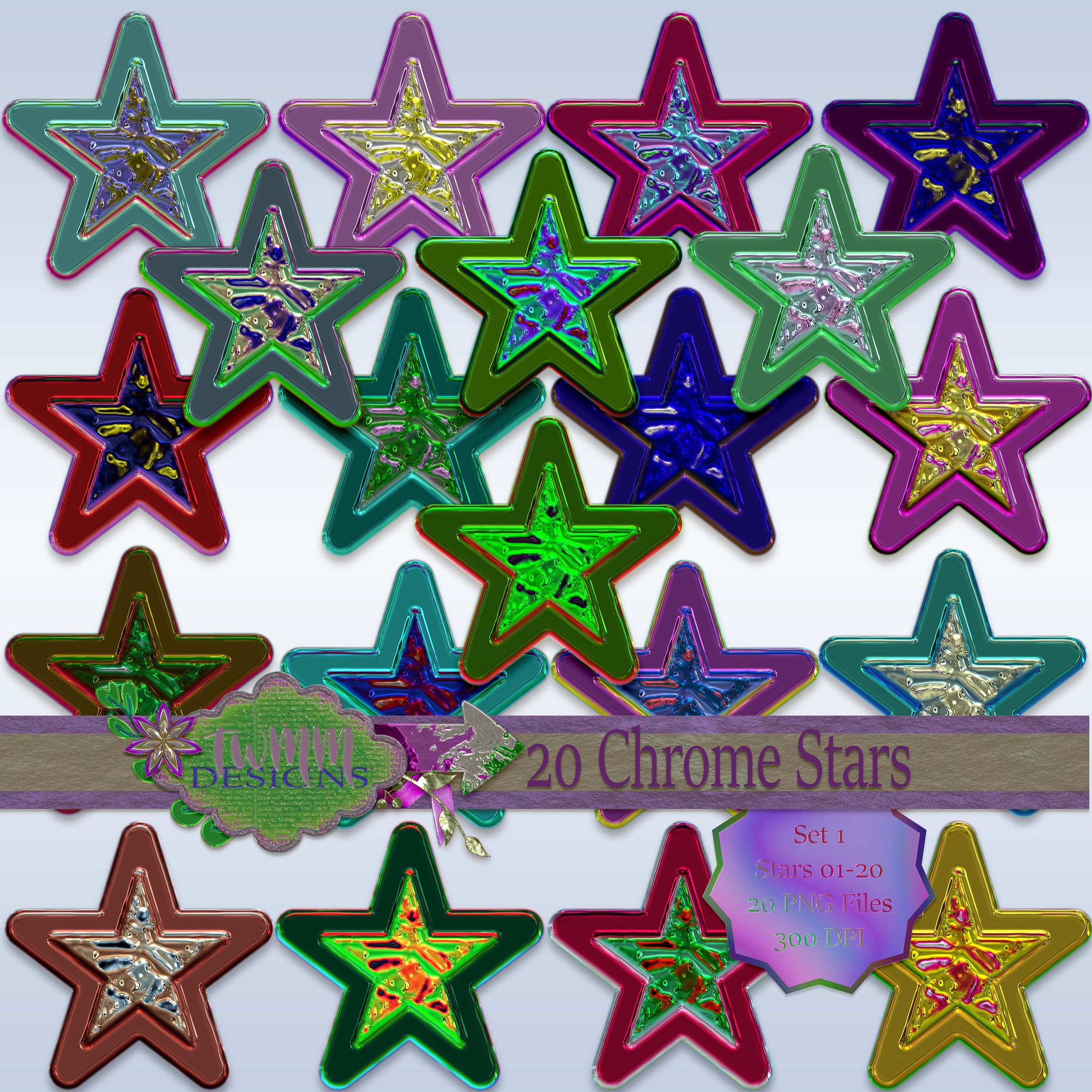 20 Digital 3D Colorful Metallic CHROME STARS Set 1 Saved at - Etsy