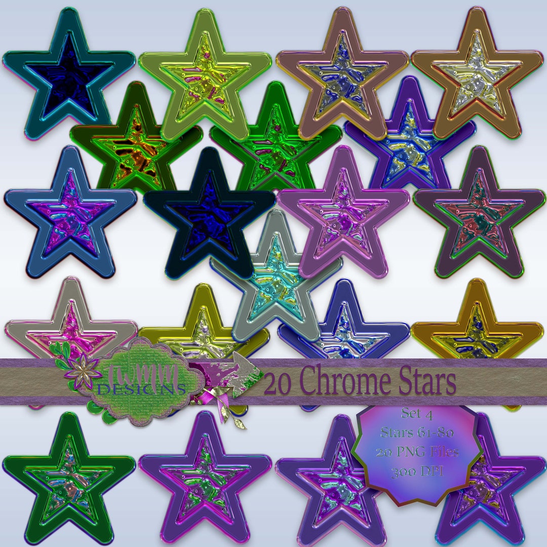 20 Digital 3D Colorful Metallic CHROME STARS - Set 4 Saved at 300DPI ...