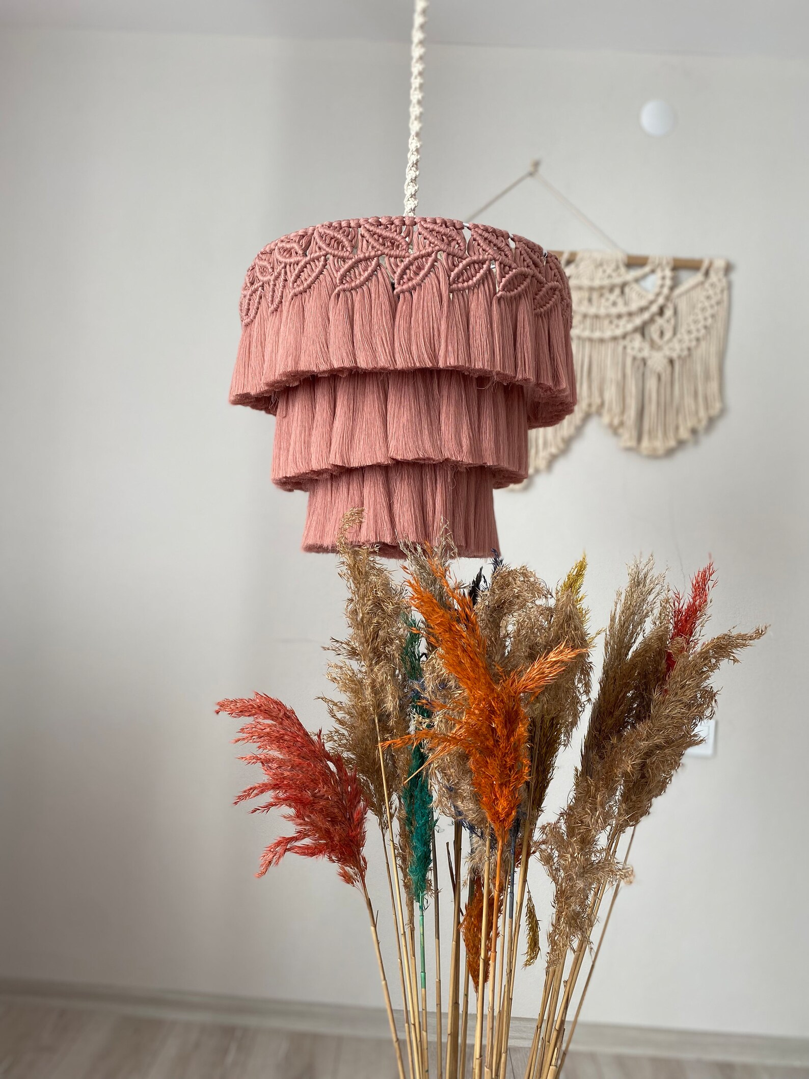 Boho Light. Fringe Chandelier, Tassel Lamp Shade 40 Cm Width Macrame ...