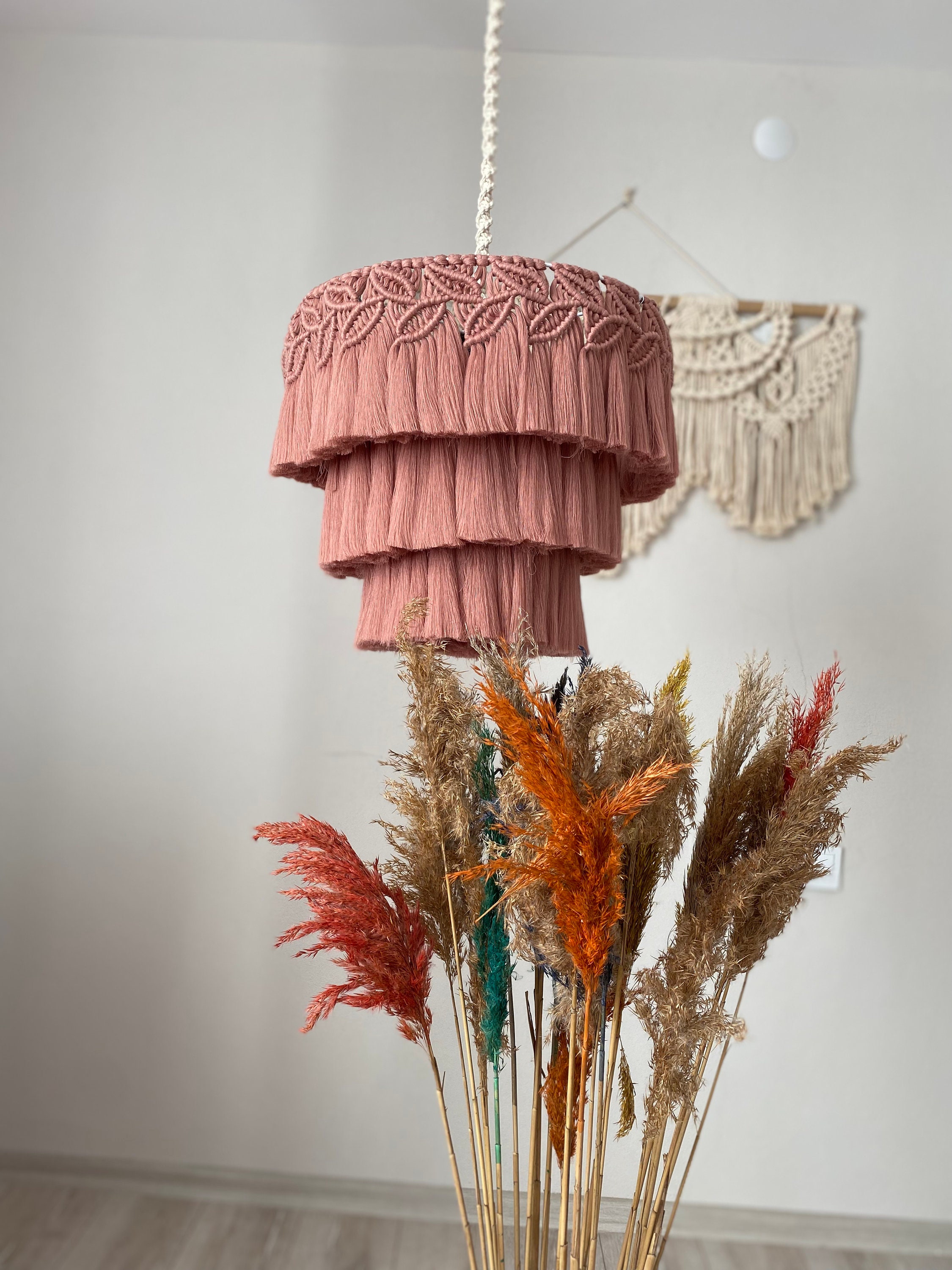 Boho Light. Fringe Chandelier, Tassel Lamp Shade 40 Cm Width Macrame ...