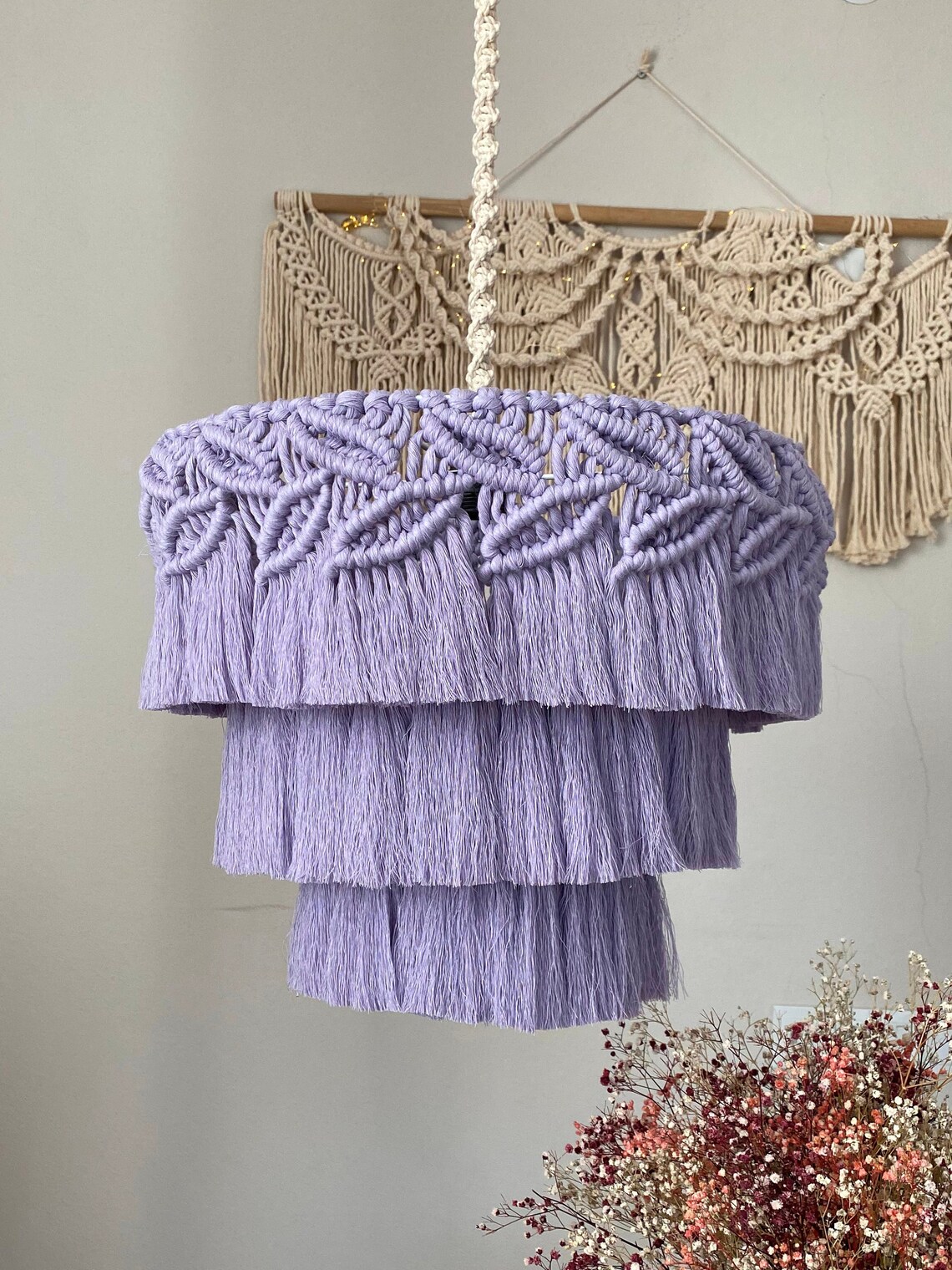 Boho Light. Fringe Chandelier, Tassel Lamp Shade 40 Cm Width Macrame ...