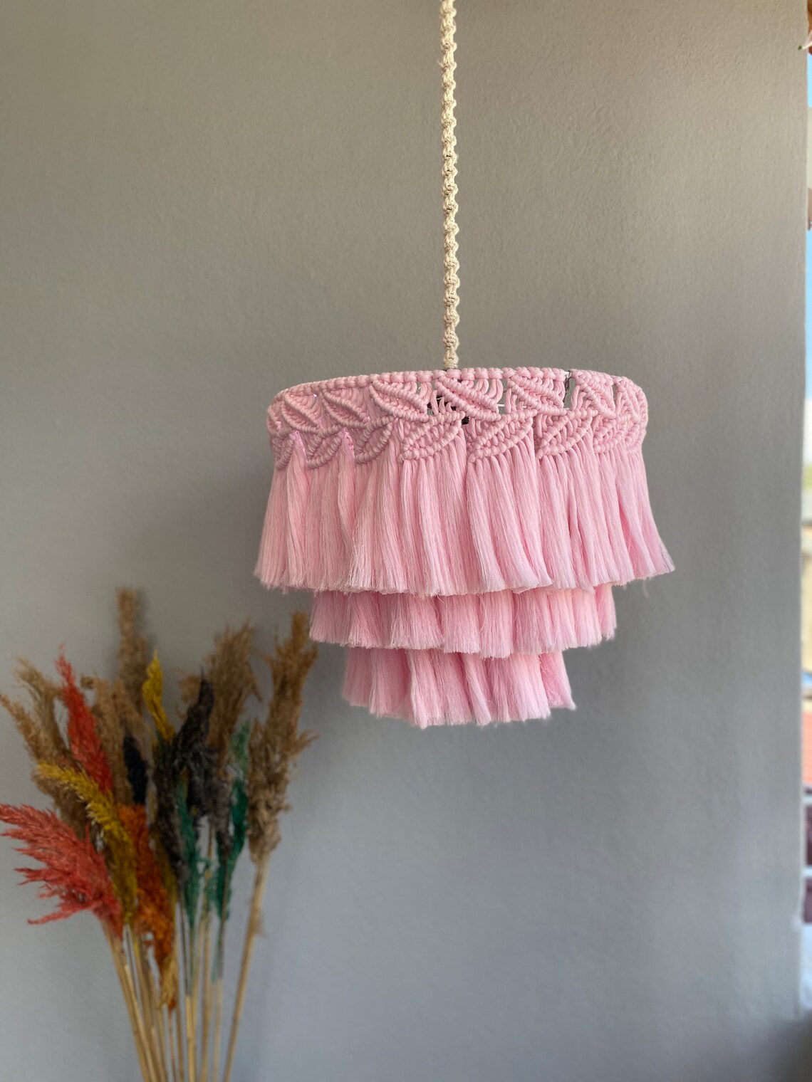 Boho Light. Fringe Chandelier, Tassel Lamp Shade 40 Cm Width Macrame ...
