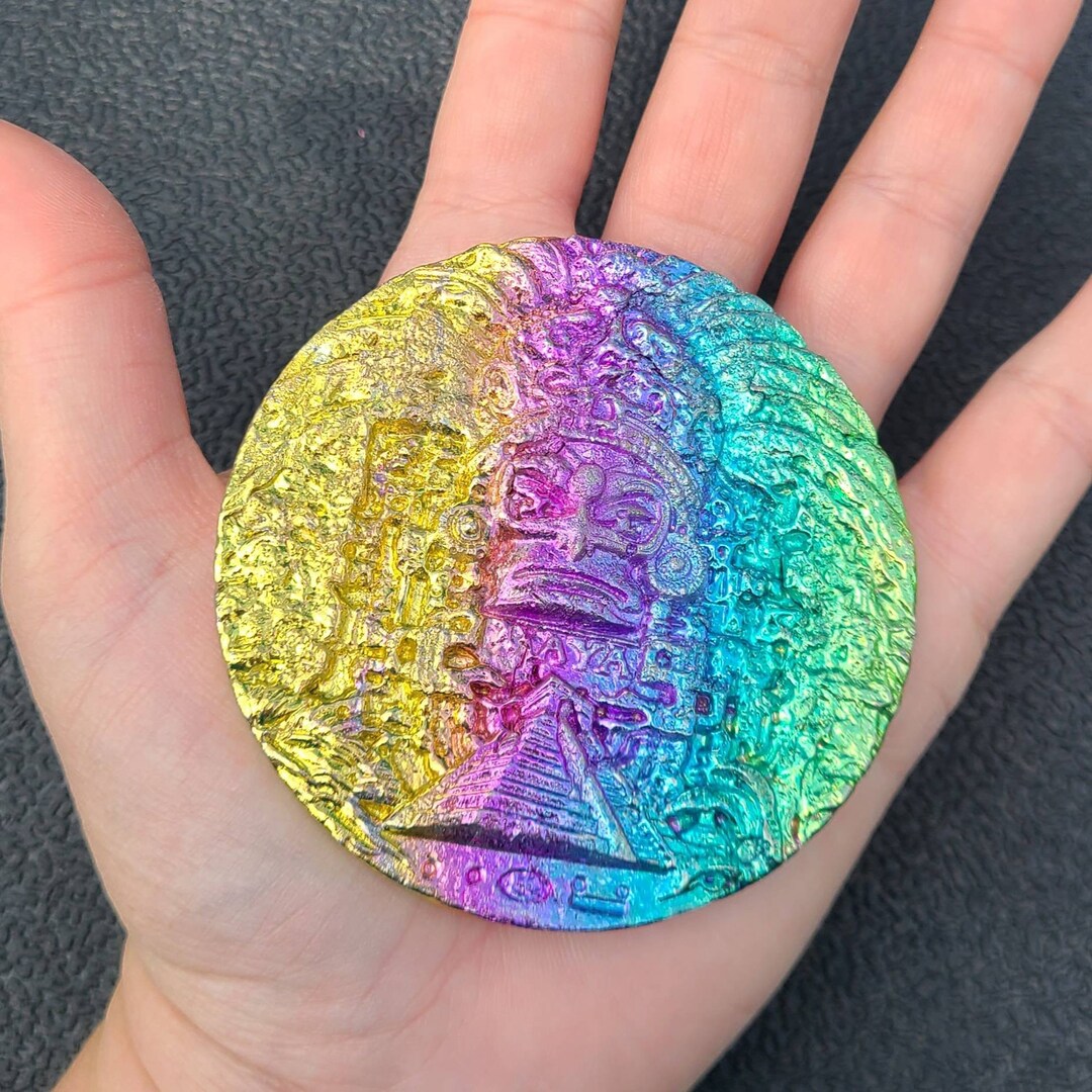 Mayan Medallion Bismuth Sculpture in Rainbow or Purple/pink, Made by ...