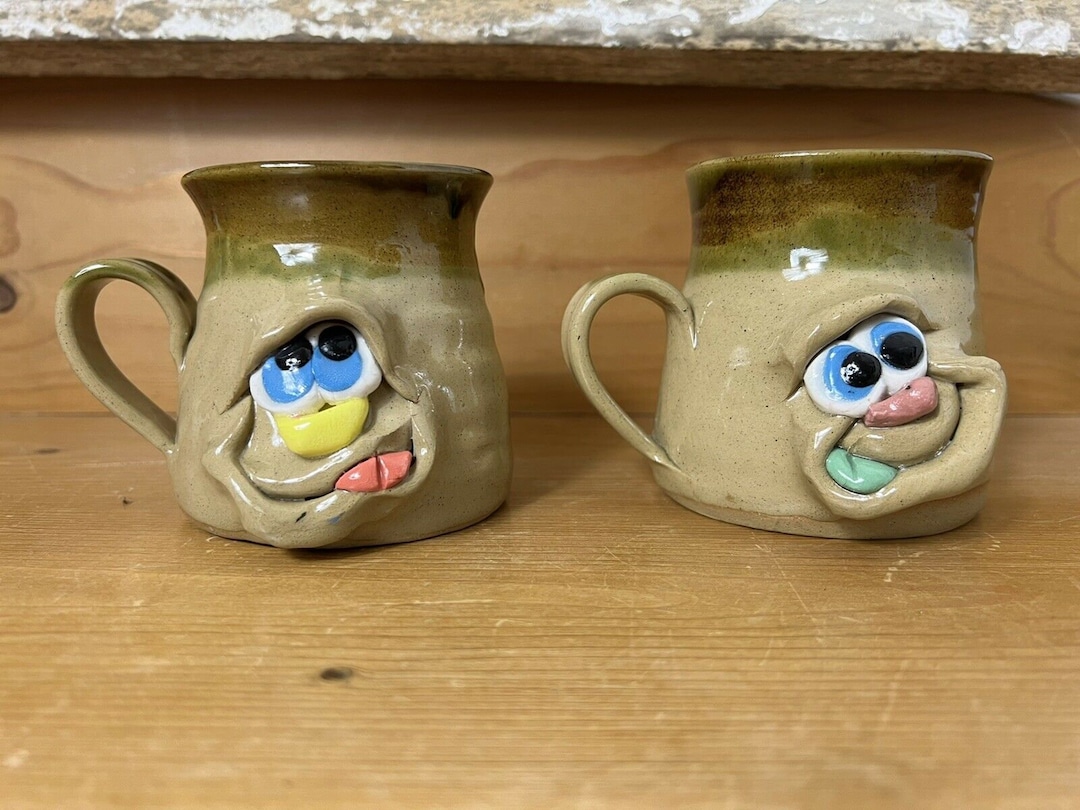 Pretty Ugly Pottery Pair Coffee Mug Cup Face Handmade in Wales Glazed ...